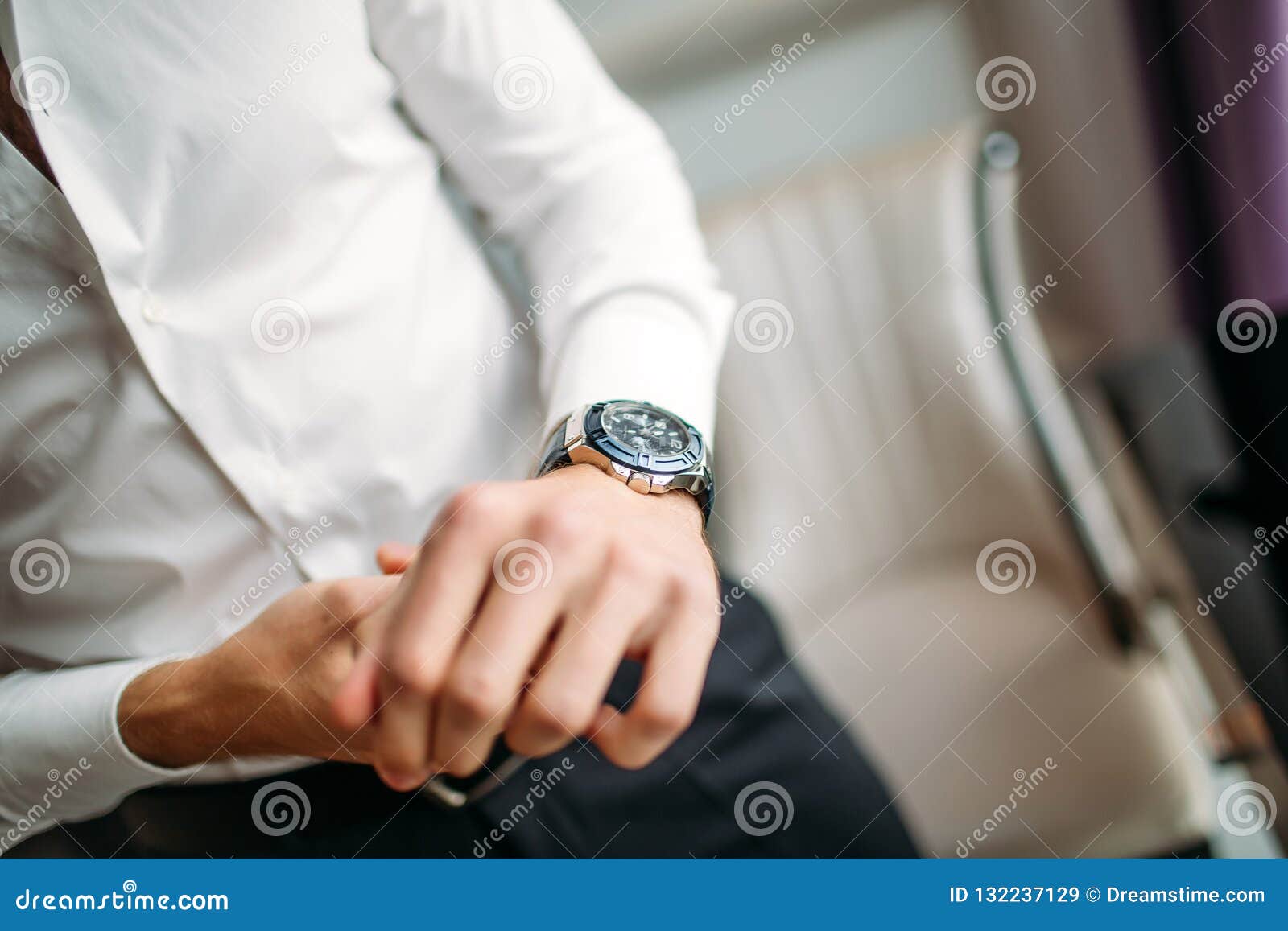 Man with a Watch Buttons White Shirt Stock Image - Image of work ...