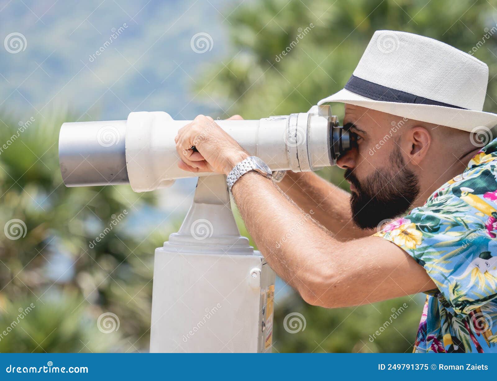 Man Watching through Binoculars Telescope Standing on Observation Point ...