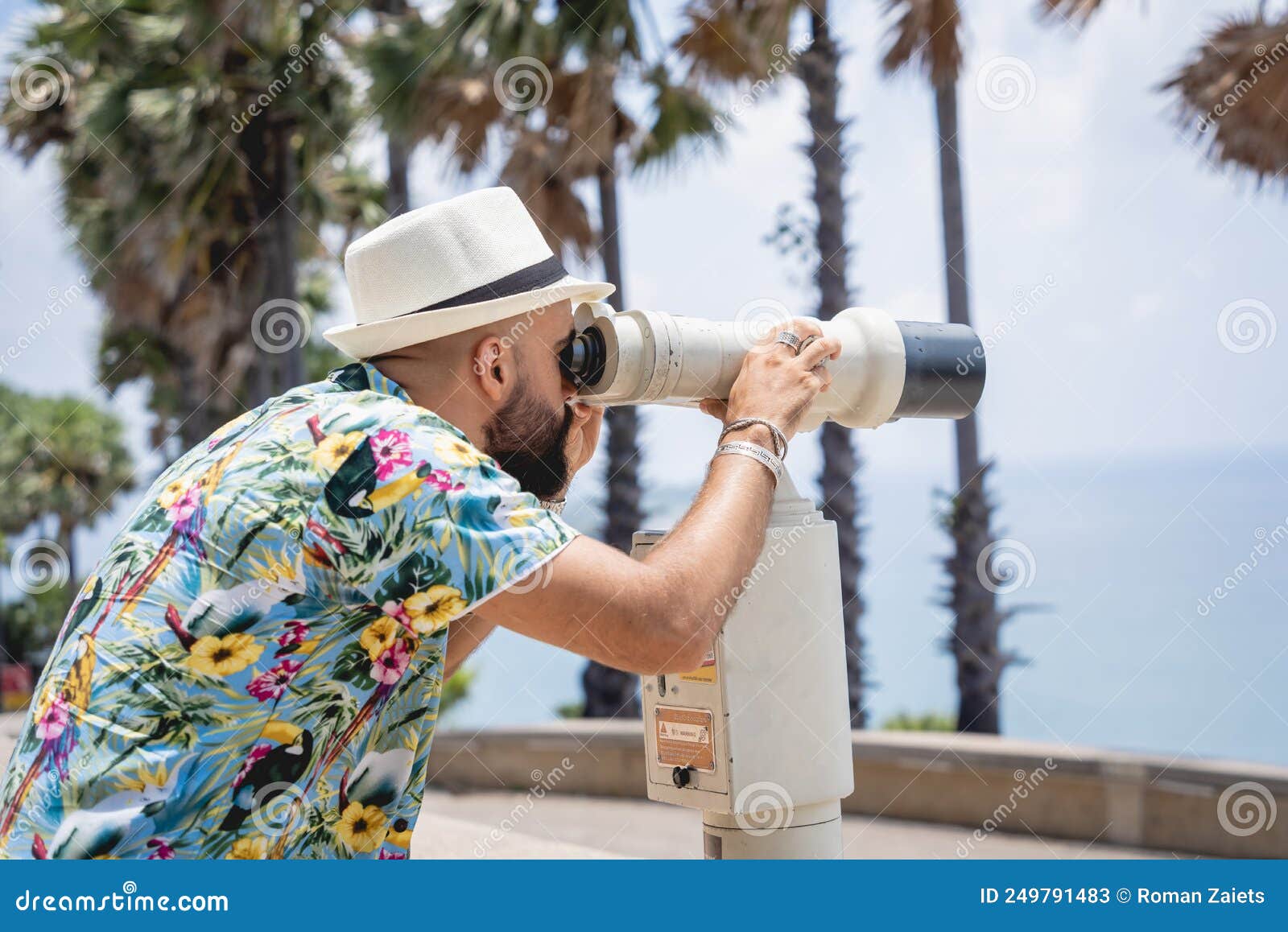 Man Watching through Binoculars Telescope Standing on Observation Point ...