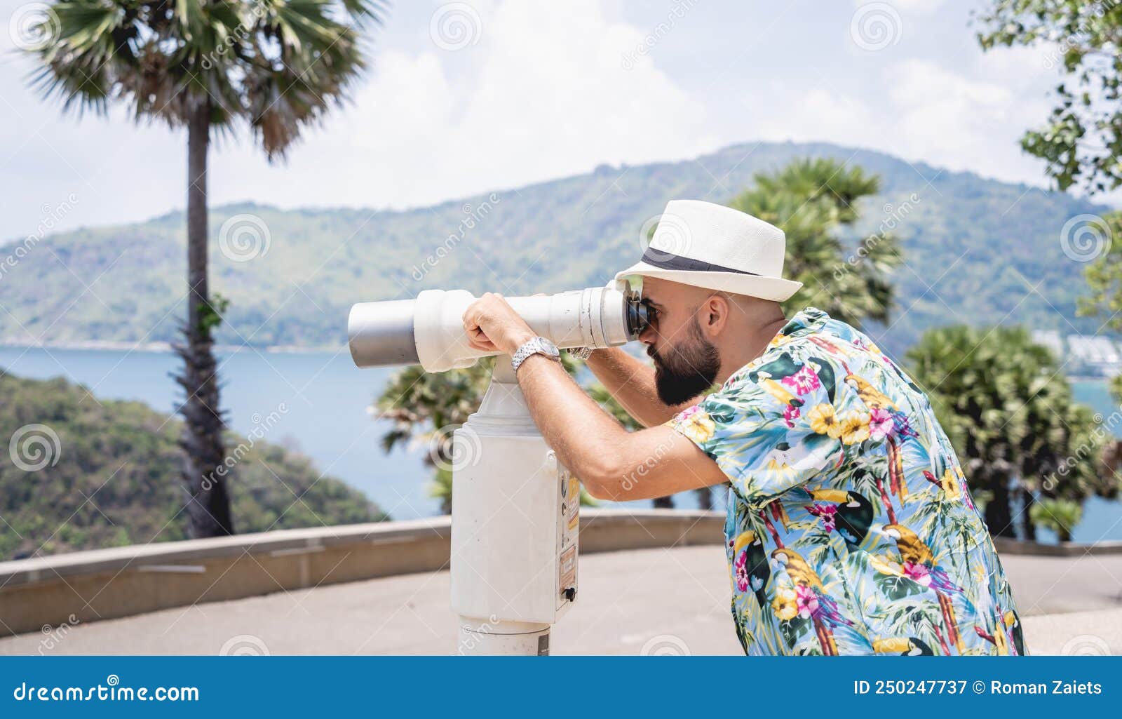 Man Watching through Binoculars Telescope Standing on Observation Point ...