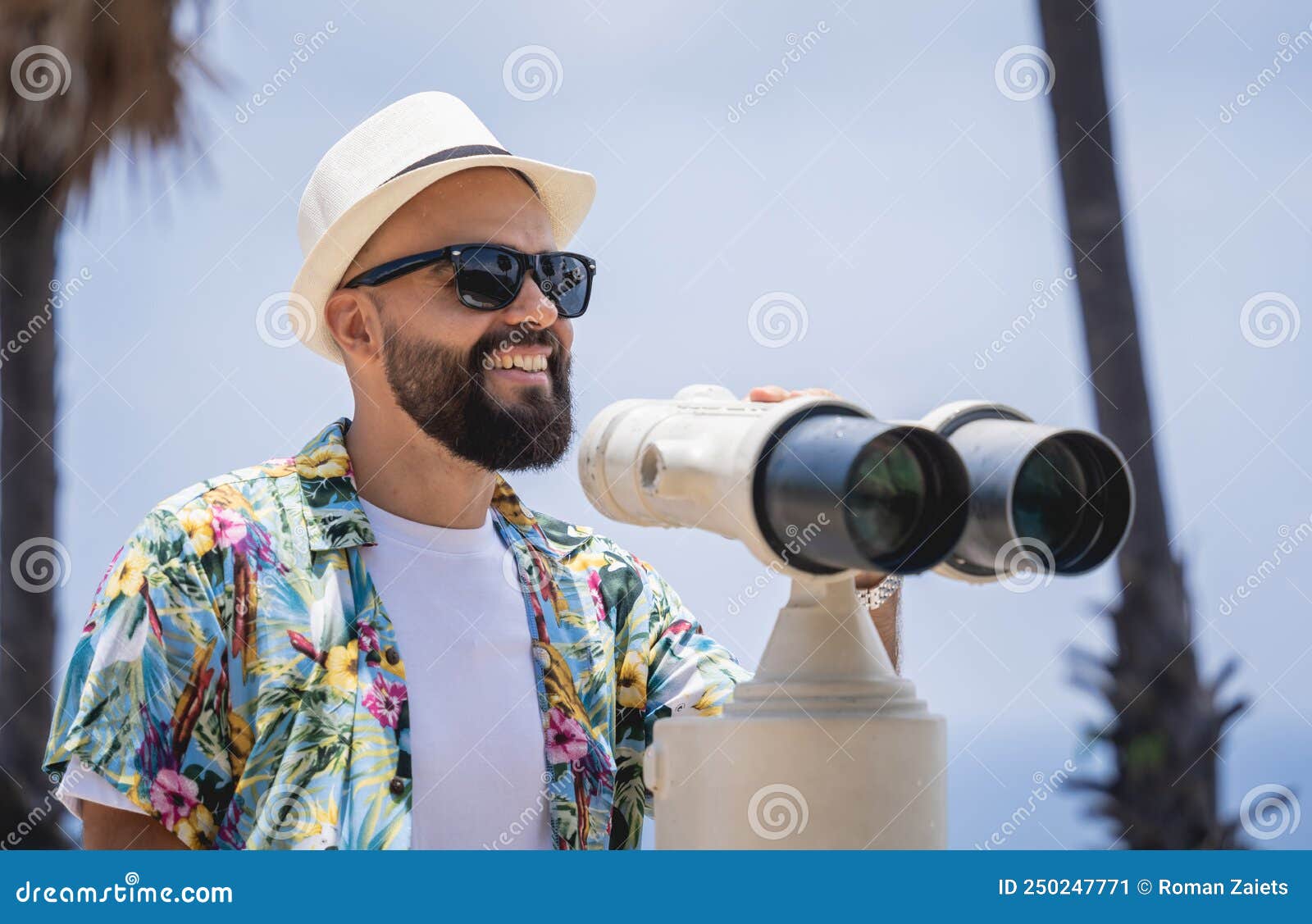 Man Watching through Binoculars Telescope Standing on Observation Point ...