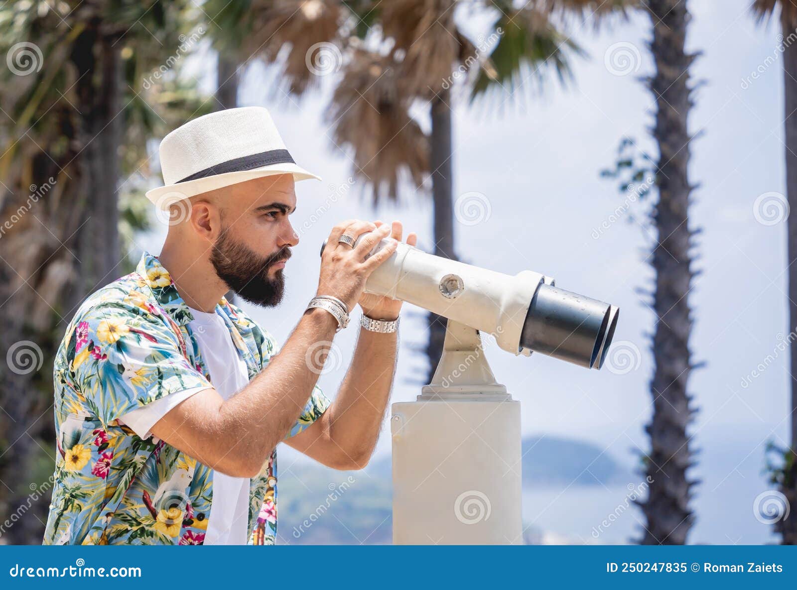 Man Watching through Binoculars Telescope Standing on Observation Point ...