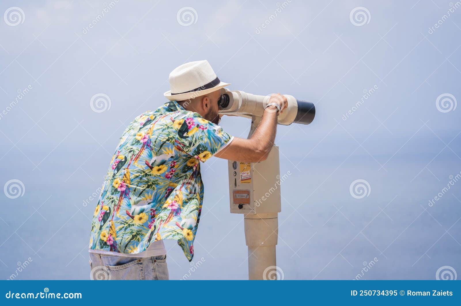 Man Watching through Binoculars Telescope Standing on Observation Point ...