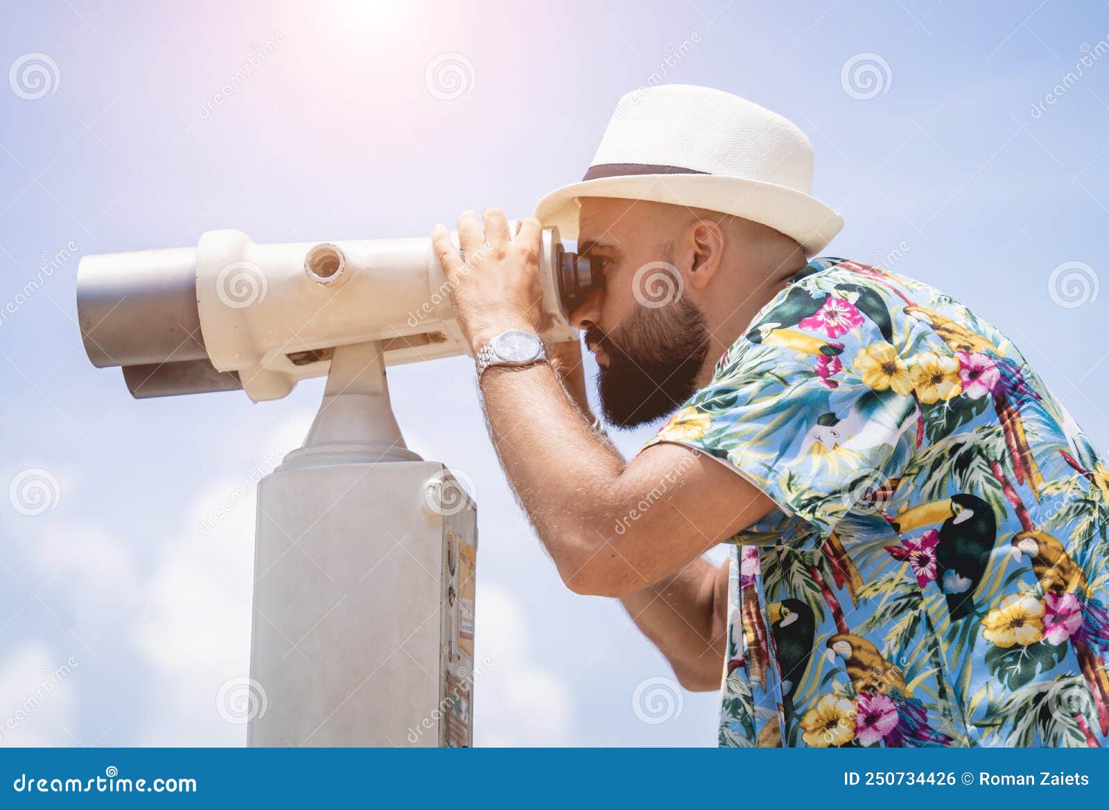 Man Watching through Binoculars Telescope Standing on Observation Point ...