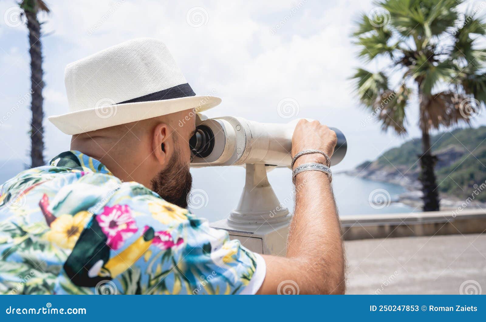 Man Watching through Binoculars Telescope Standing on Observation Point ...