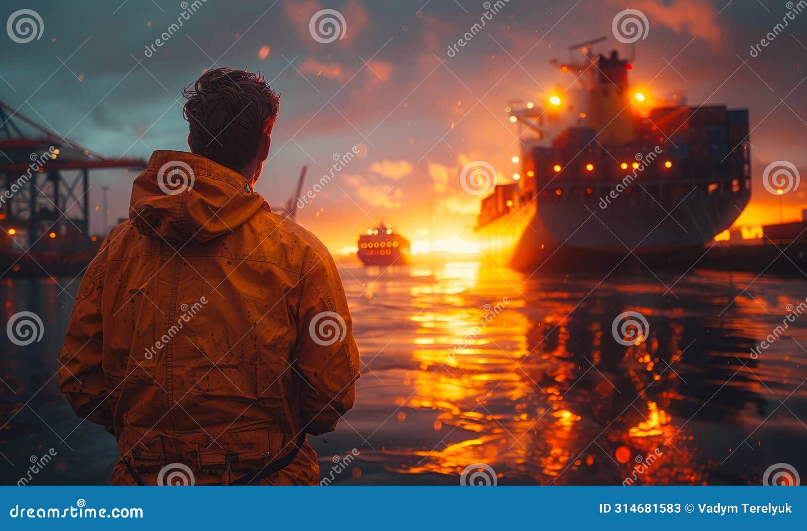 Man Watching the Container Ship and Tug Boat at Sunset. Stock Image ...