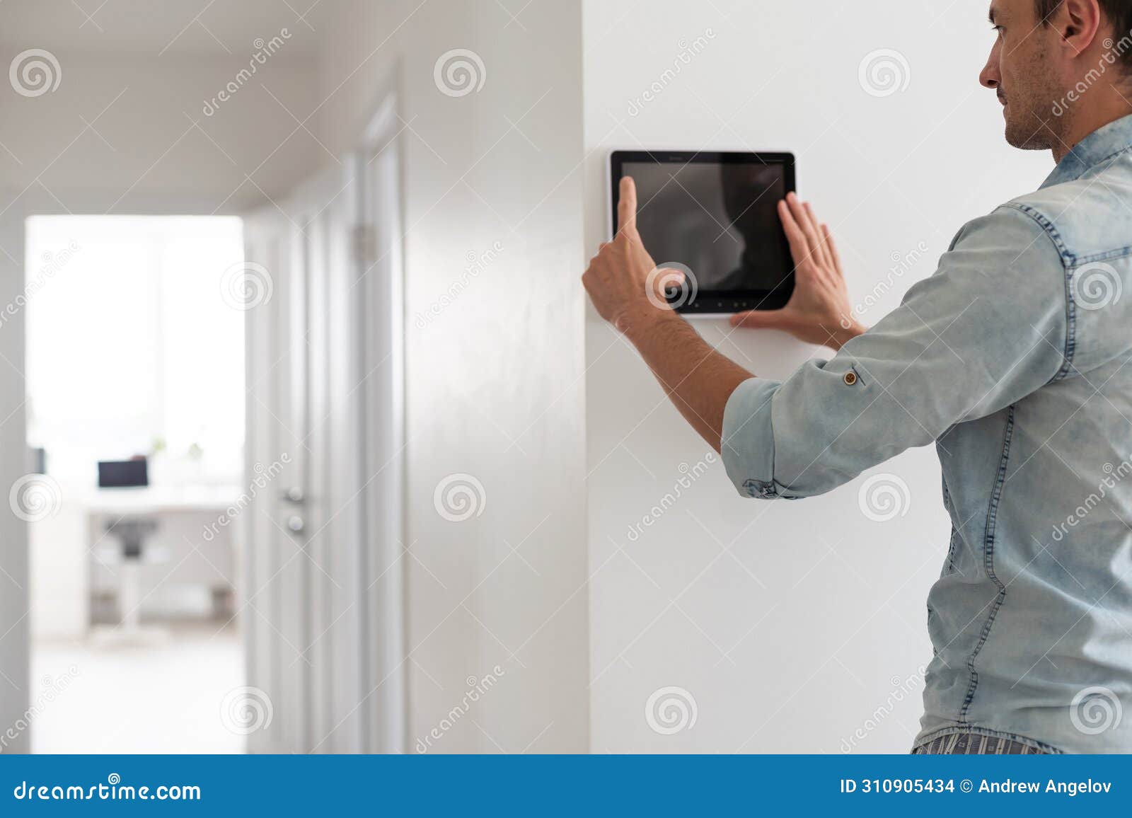Man Watching Delivery Man on Security Camera Cctv Video on Tablet Stock ...