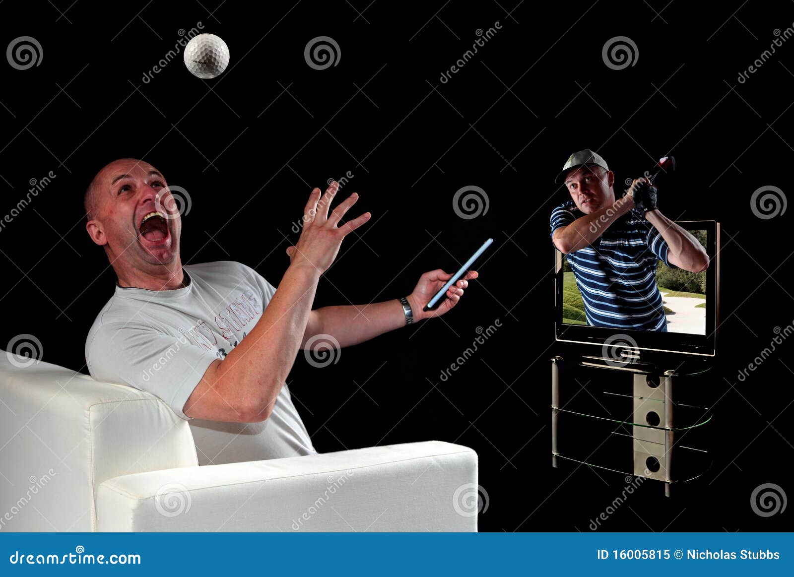 Man Watching Golf on 3D Television Stock Image - Image of chair, settee ...