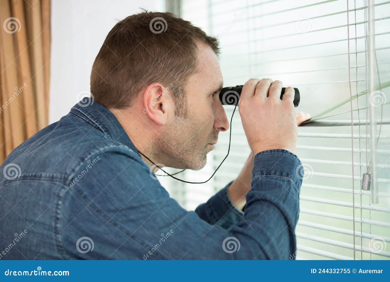 Man Watching Out Window with Binoculars Stock Image - Image of watching ...