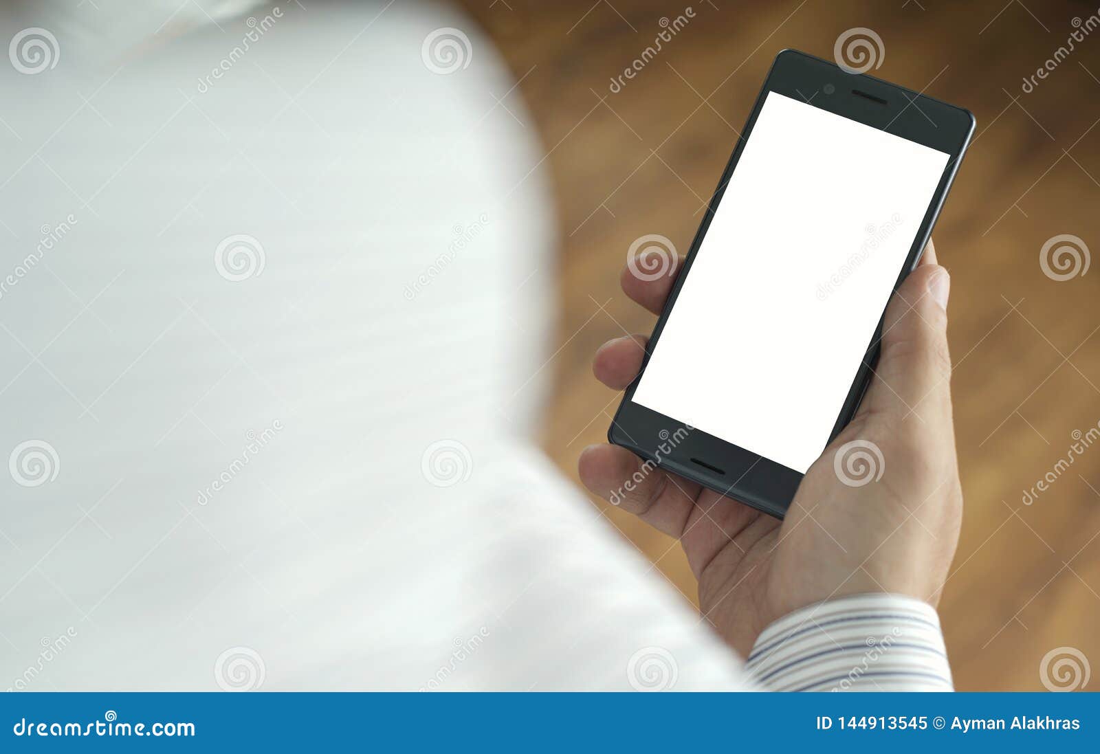 Man Watching Smartphone with White Blank Screen Top View Stock Image ...