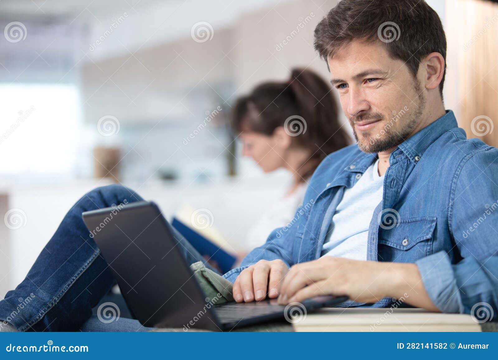 Man Watching Streaming Series in Laptop Computer Stock Photo - Image of ...