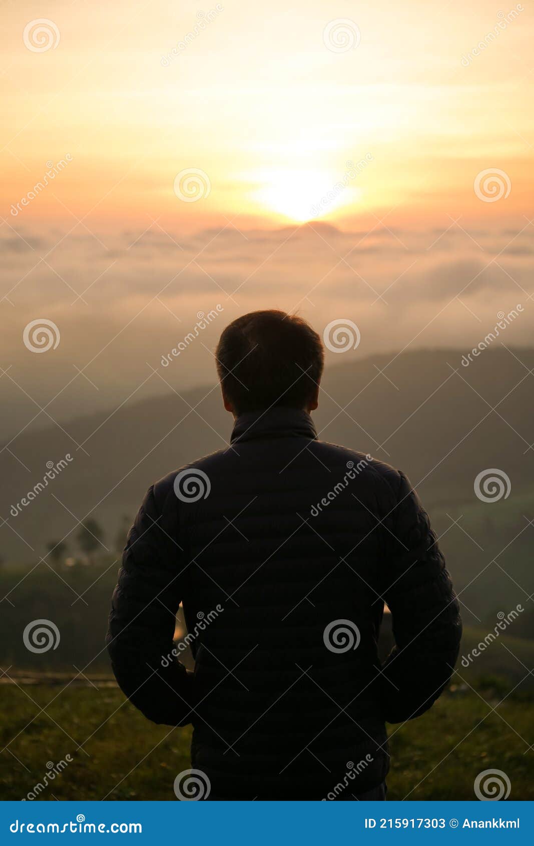 Man Watching Sunrise at Hilltop Stock Image - Image of yellow, standing ...