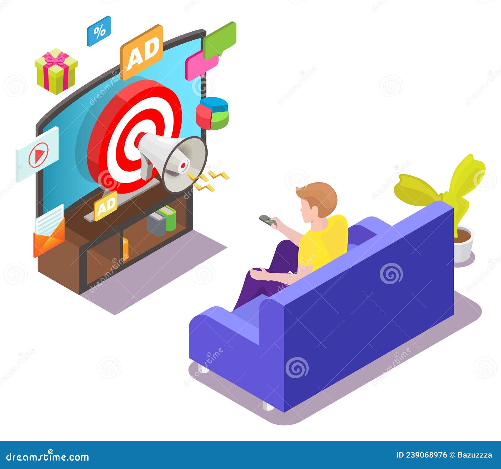 Man Watching Targeted Tv Ads, Vector Isometric Illustration ...