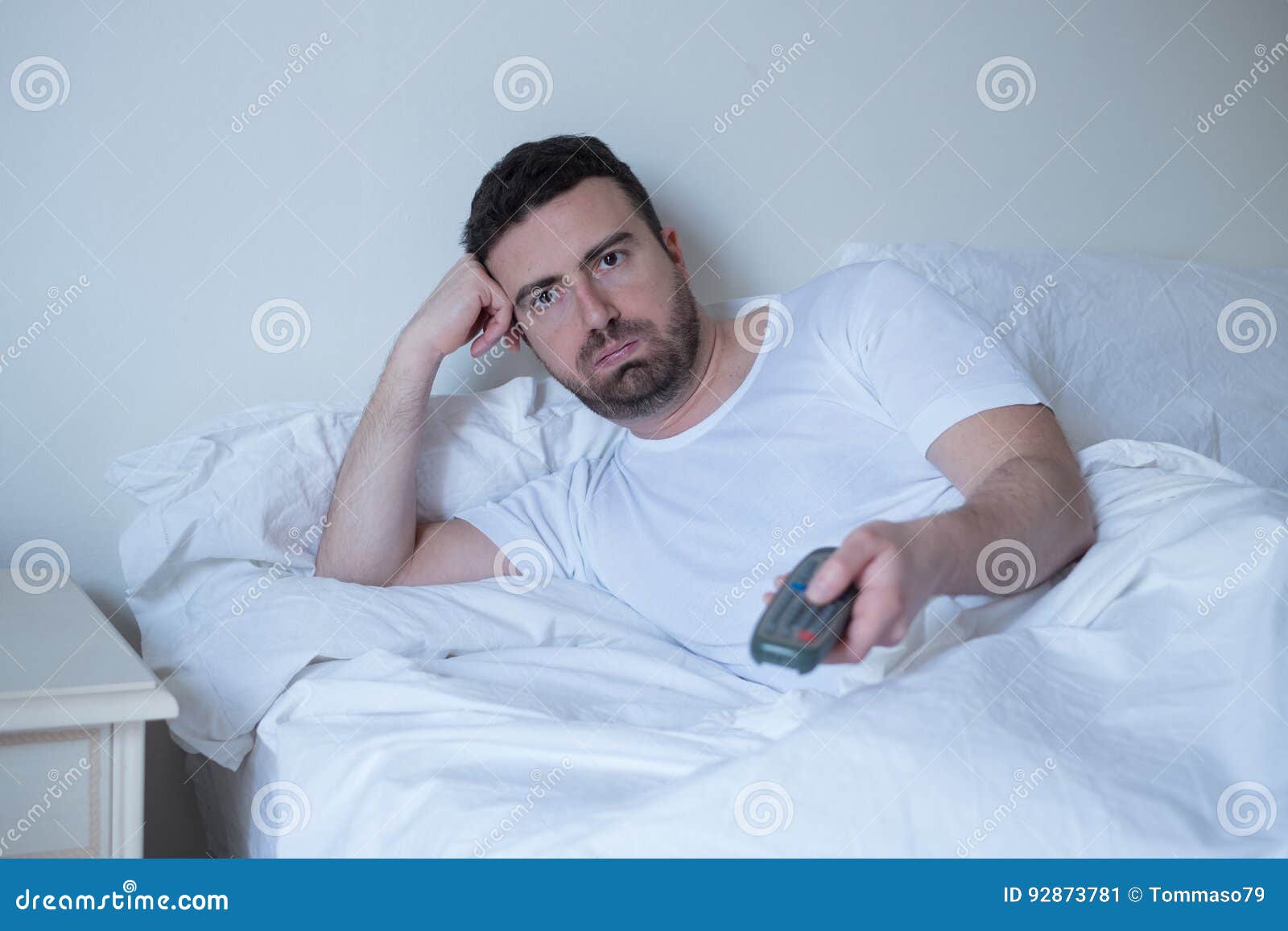 Man Watching Television Lying in Bed Stock Image - Image of house ...