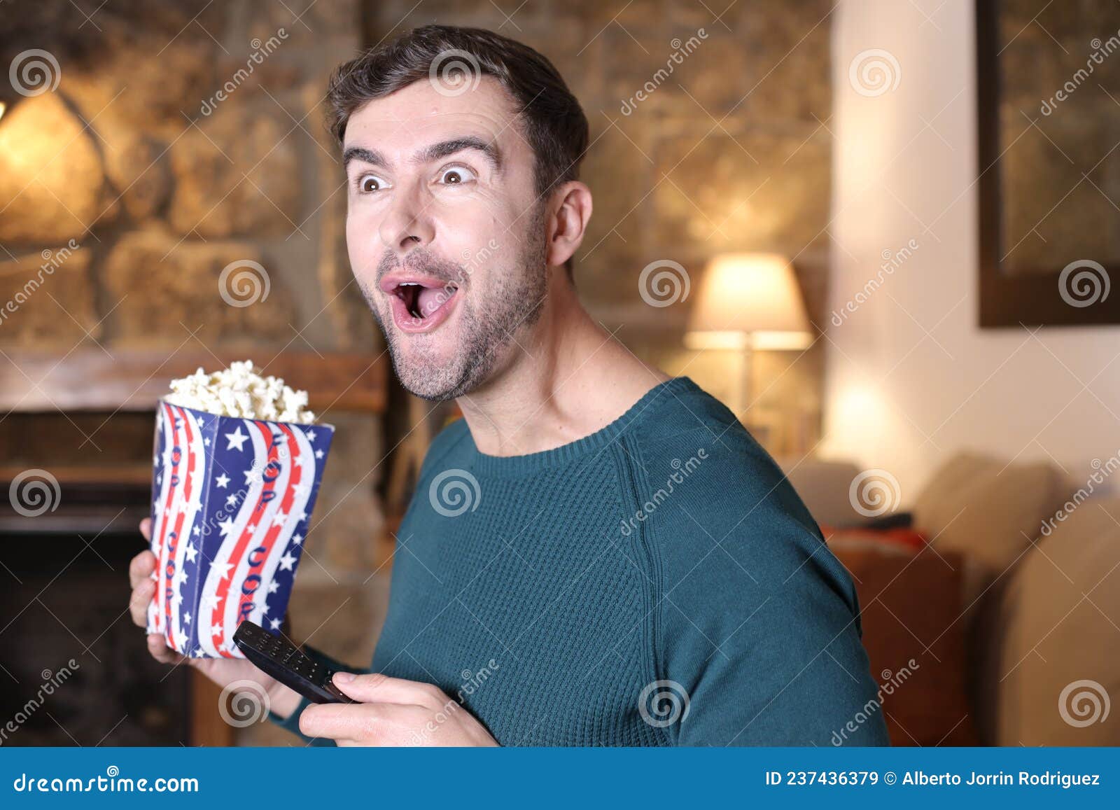 Man Watching Tv and Eating Pop Corn Stock Image - Image of movie, male ...