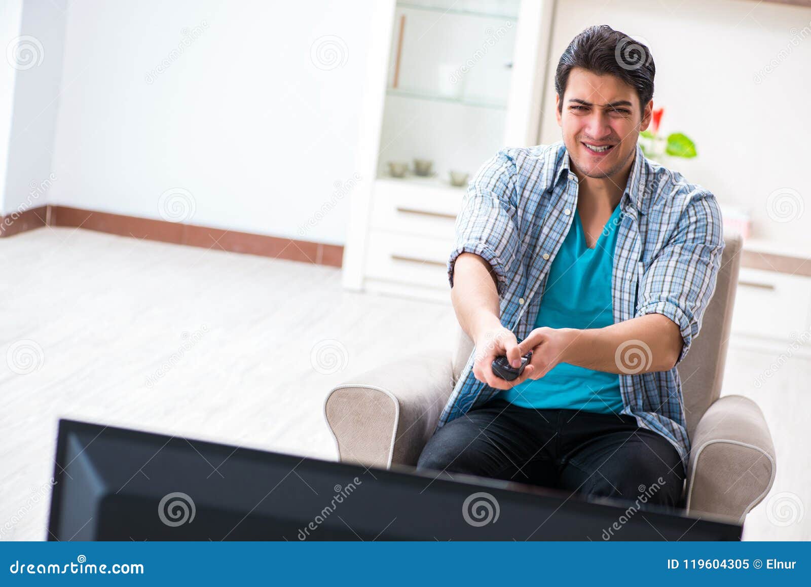 The Man Watching Tv at Home Stock Image - Image of leisure, emotional ...
