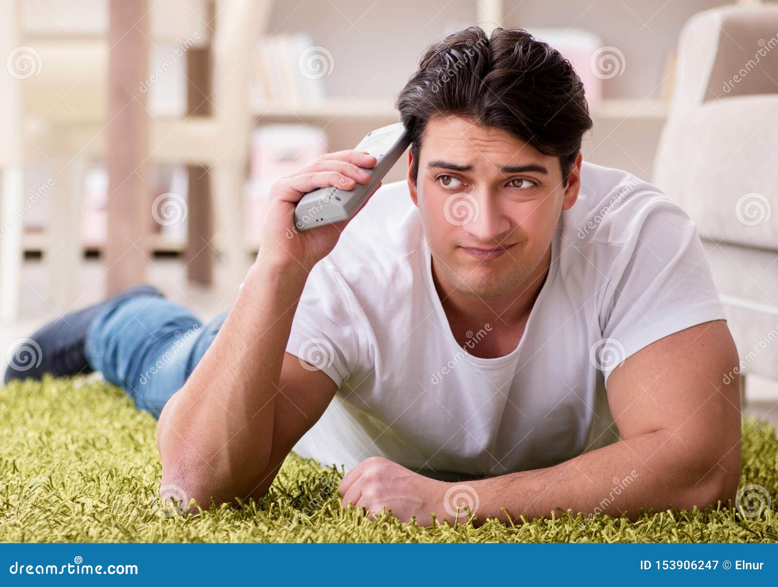 Man Watching Tv at Home on Floor Stock Image - Image of boring ...