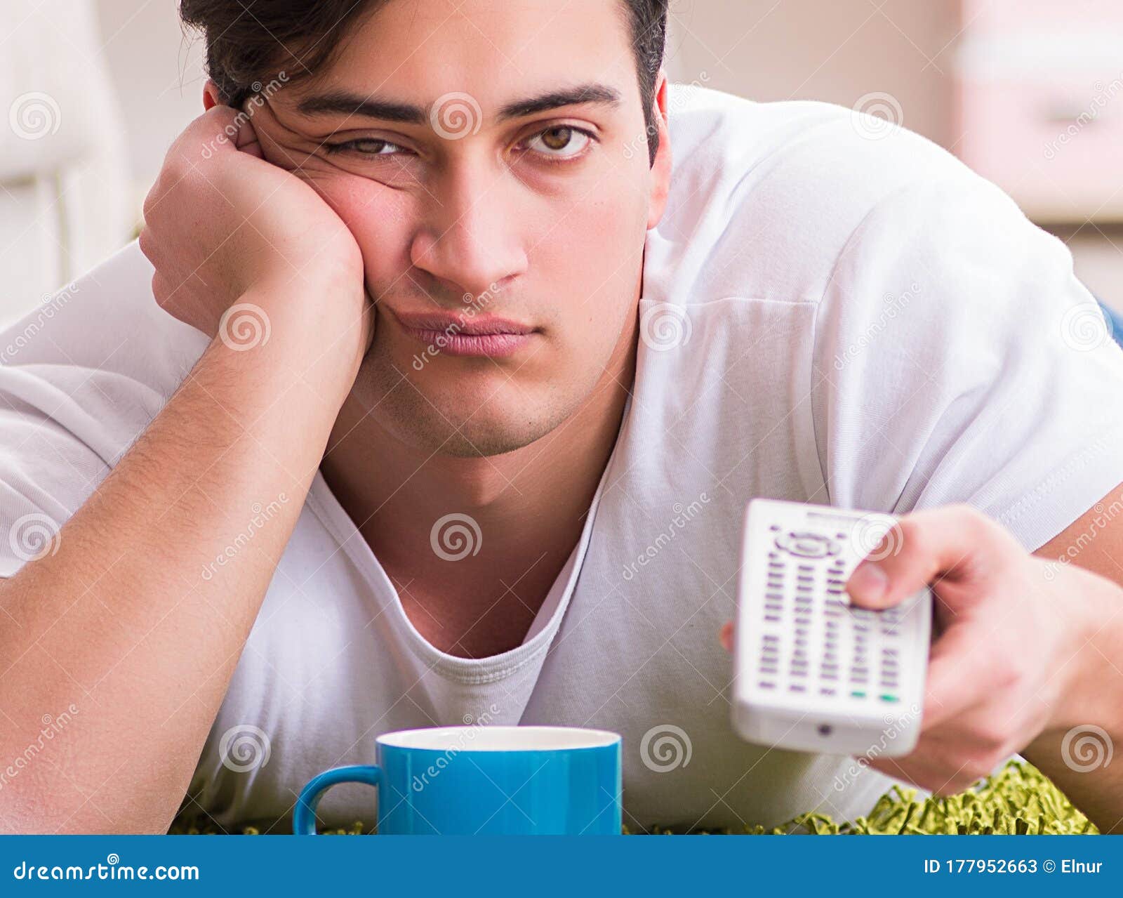 Man Watching Tv at Home on Floor Stock Image - Image of program, bored ...