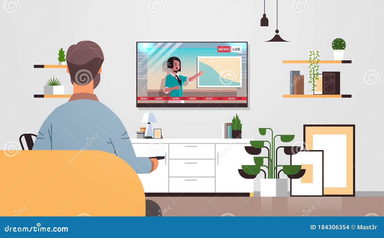 Man Watching TV daily News Program on Television at Home Rear View Guy ...