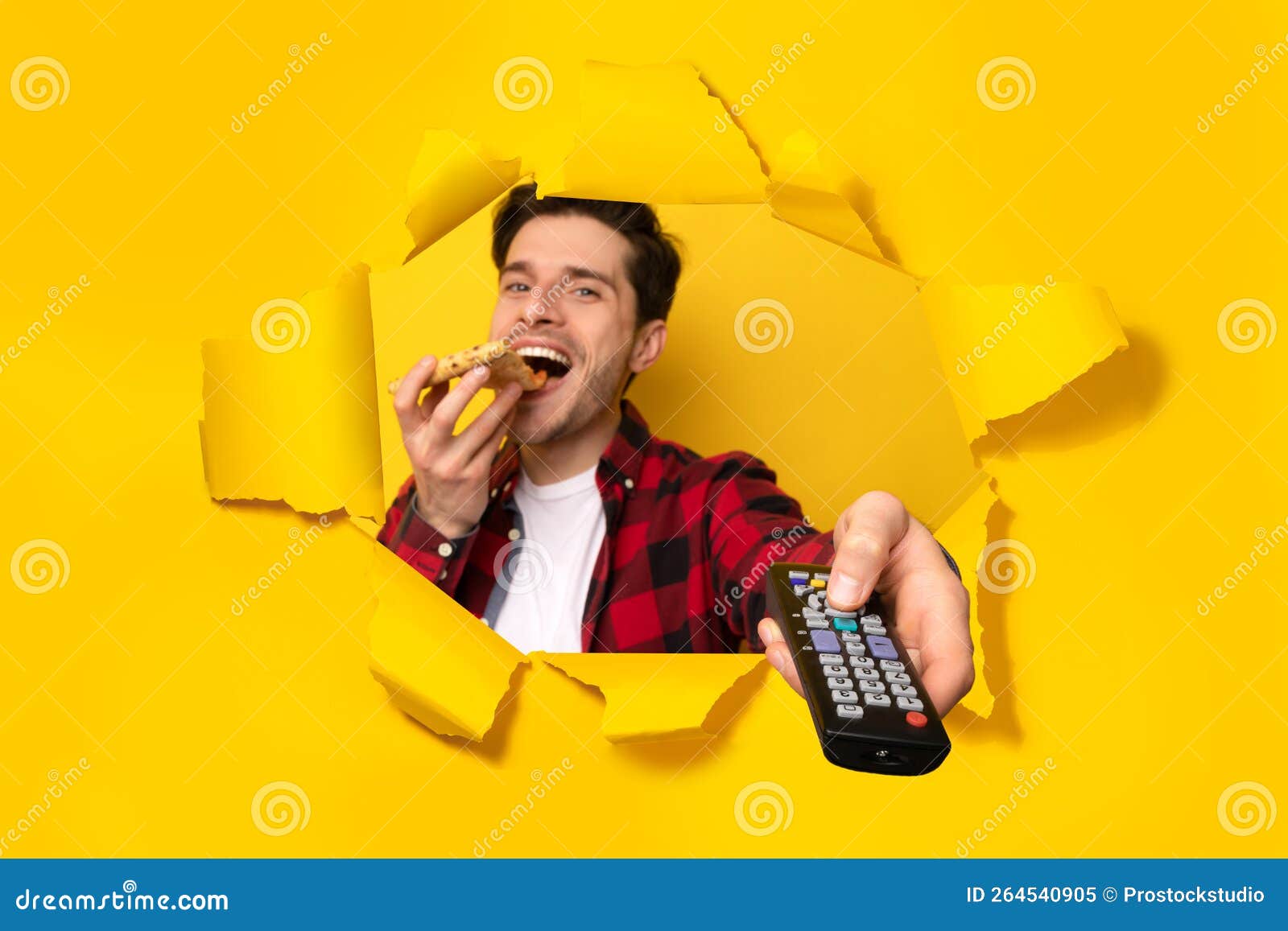 Man Watching TV, Pointing Remote Controller and Eating Pizza, Posing in ...
