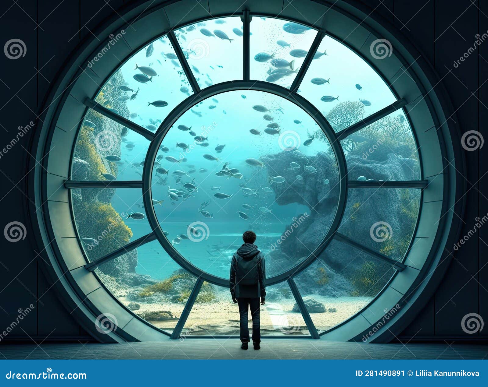 Man Watching Underwater World through Round Window in Aquarium Created ...