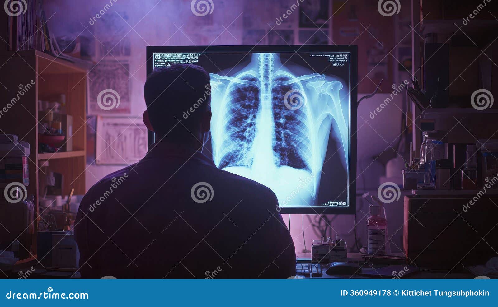 Man Watching Video of Chest X-ray on a Computer Screen in a Dimly Lit ...