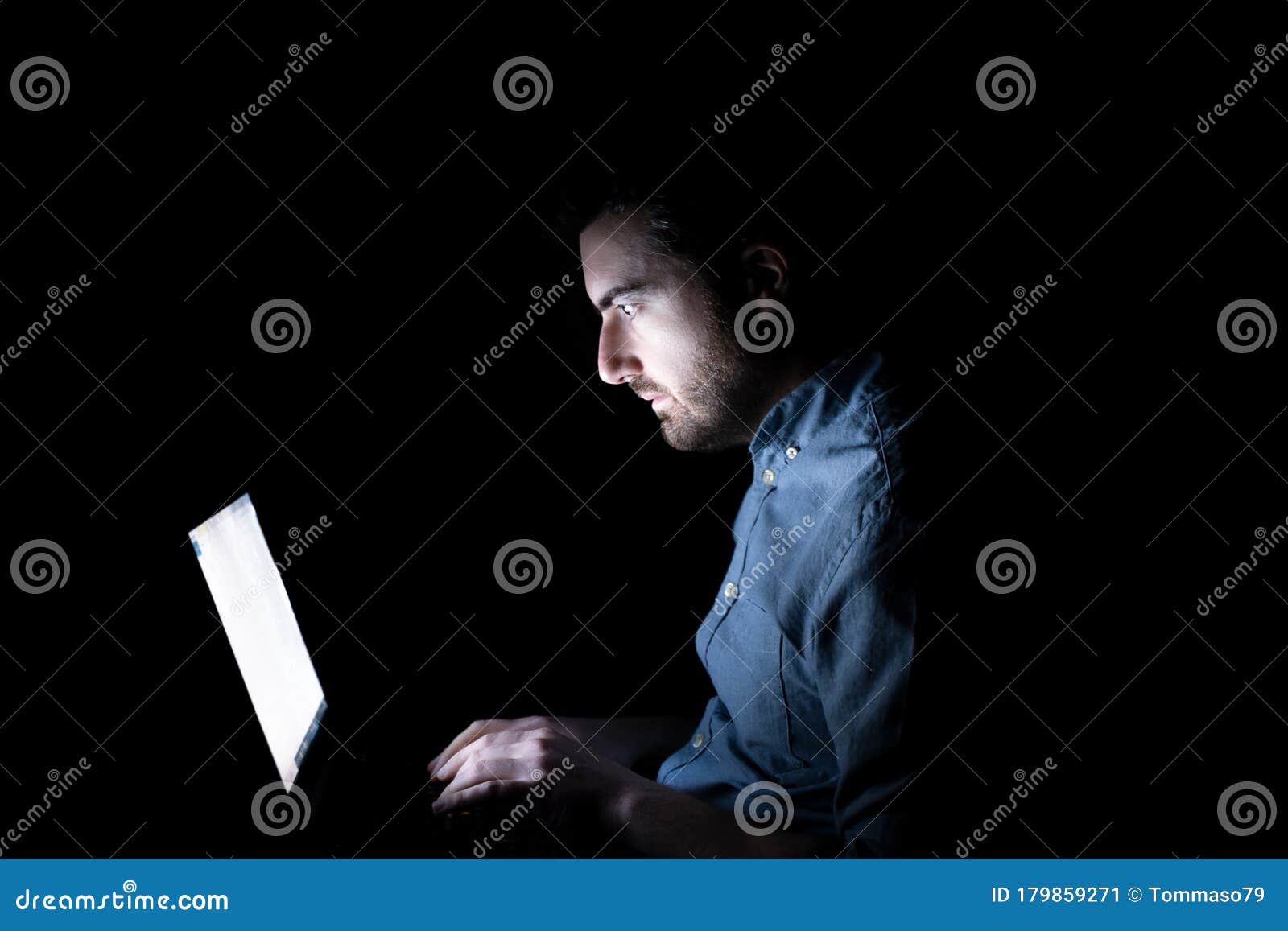 One Man Working Alone at Night Using Notebook Stock Image - Image of ...