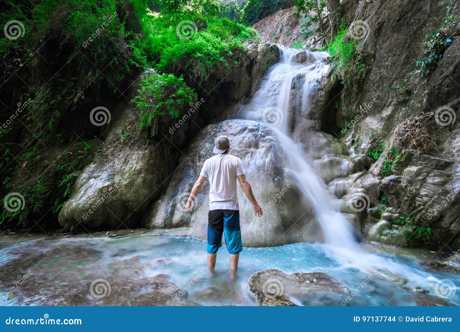 Man Solo Traveler Adventurer Standing from the Back at a Blue Waterfall ...