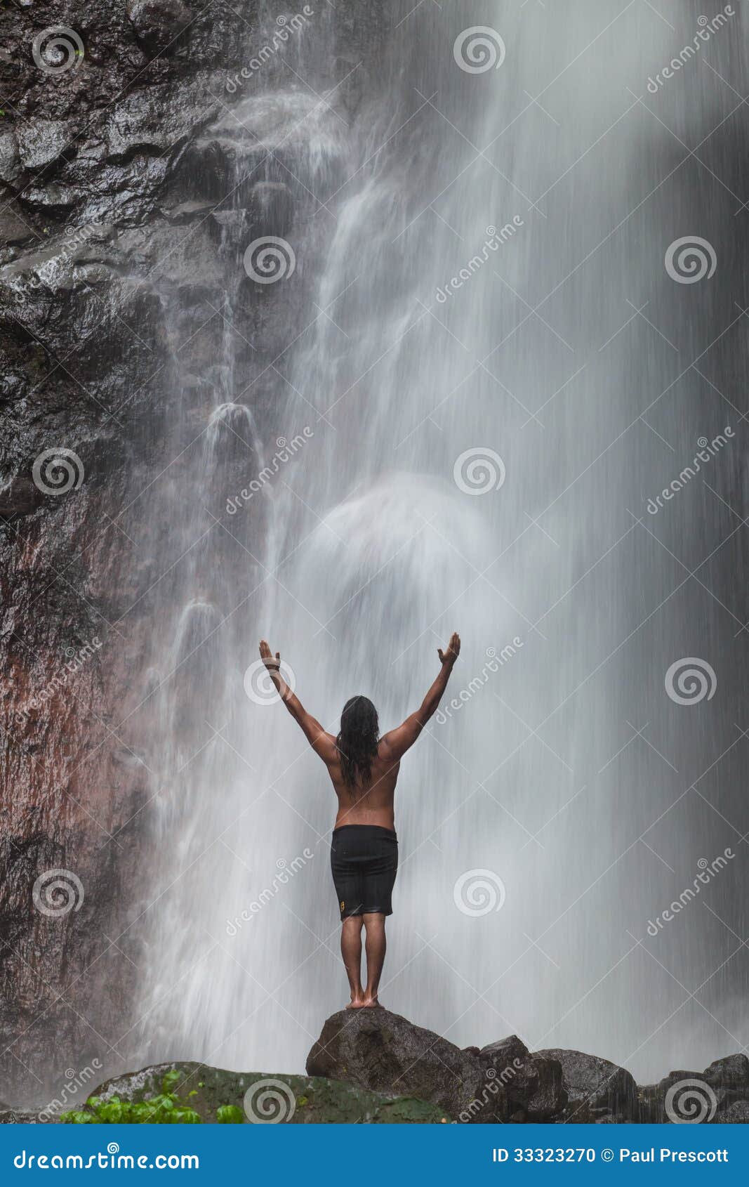 Man at waterfall stock photo. Image of forest, hands - 33323270