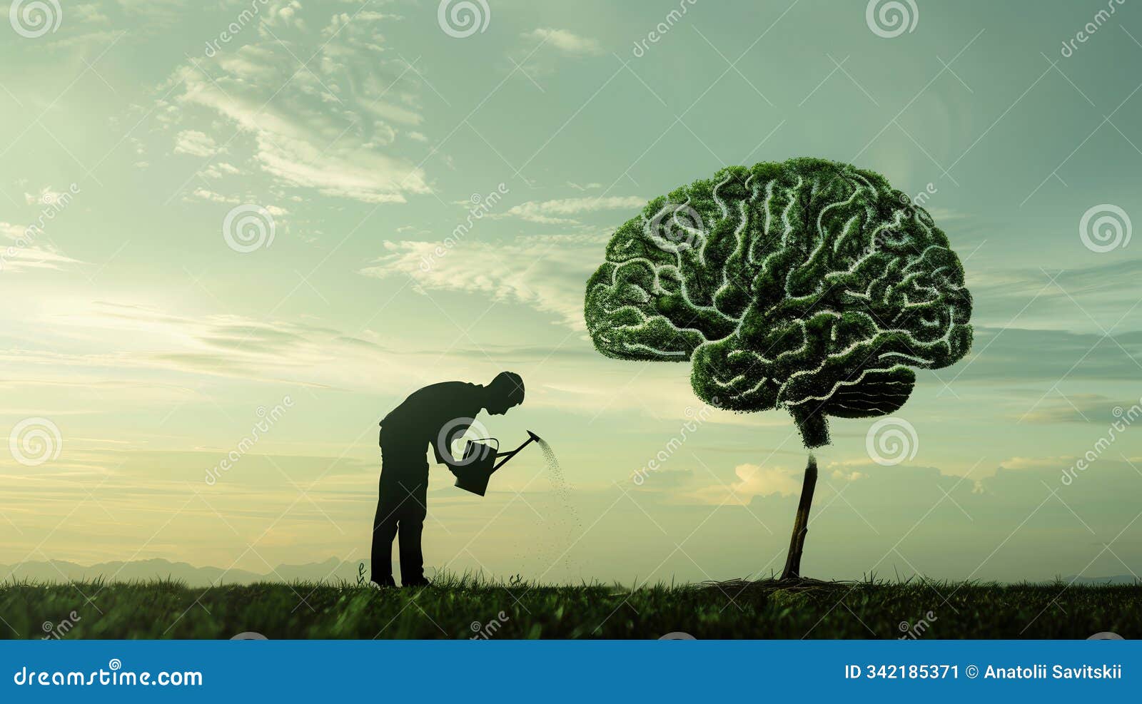 A Man is Watering a Tree that Resembles a Human Brain, Representing the ...