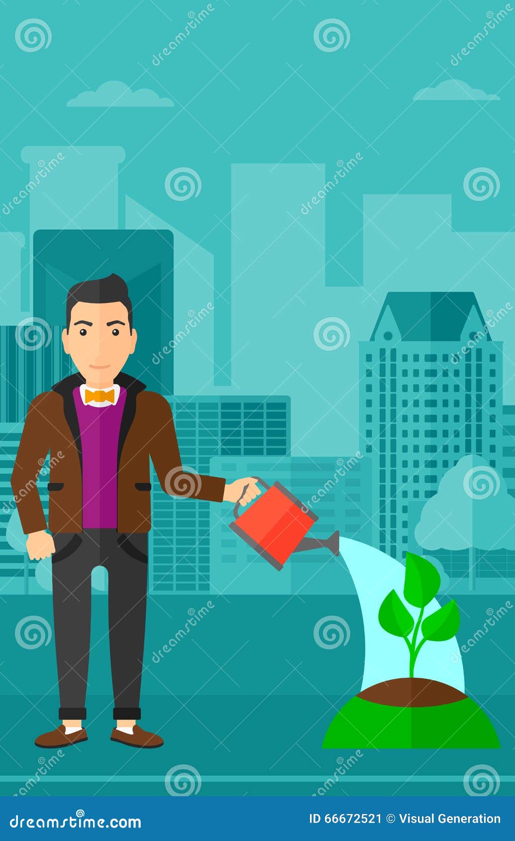 Man watering tree. stock vector. Illustration of environmental - 66672521
