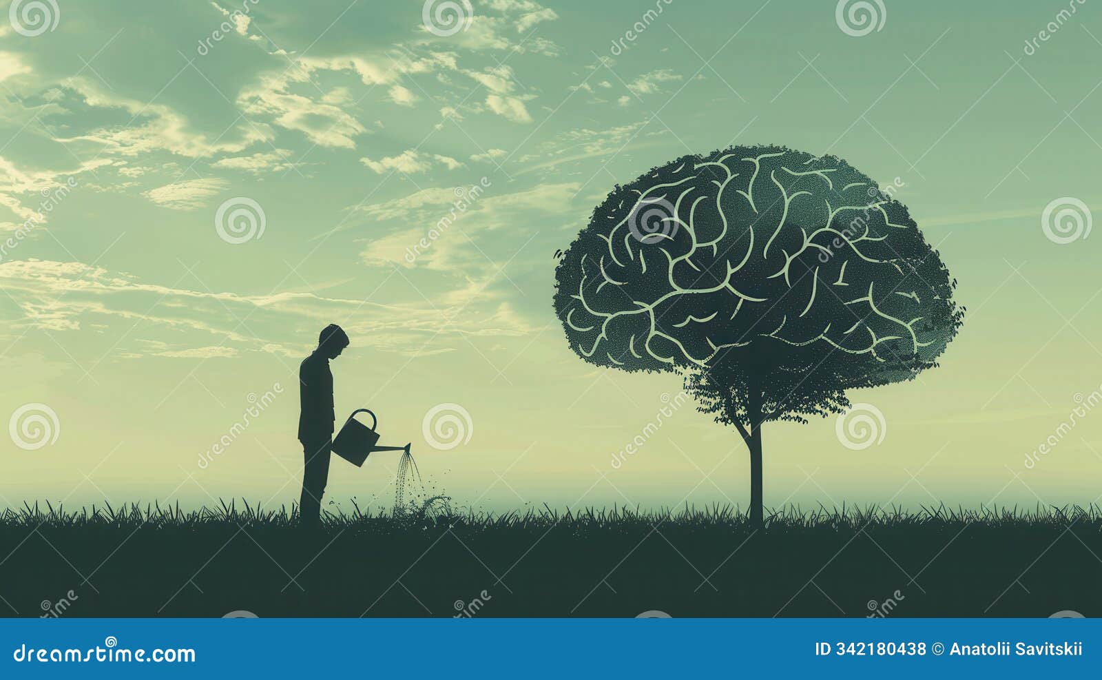 A Man Waters a Tree that Resembles a Human Brain, Representing the ...
