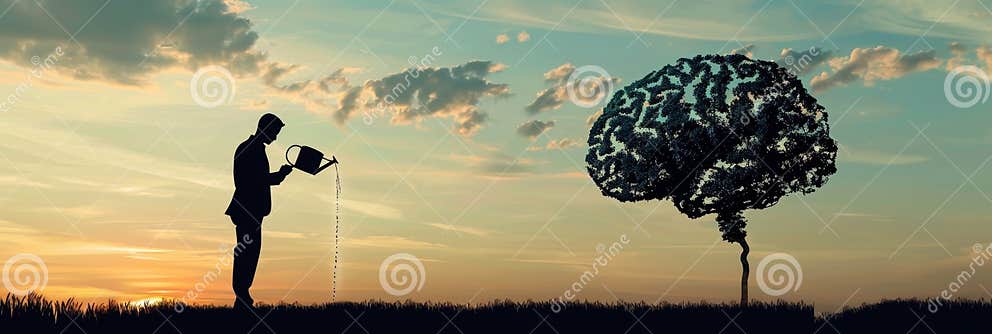 A Man Waters a Tree Shaped Like a Brain Symbolizing the Importance of ...