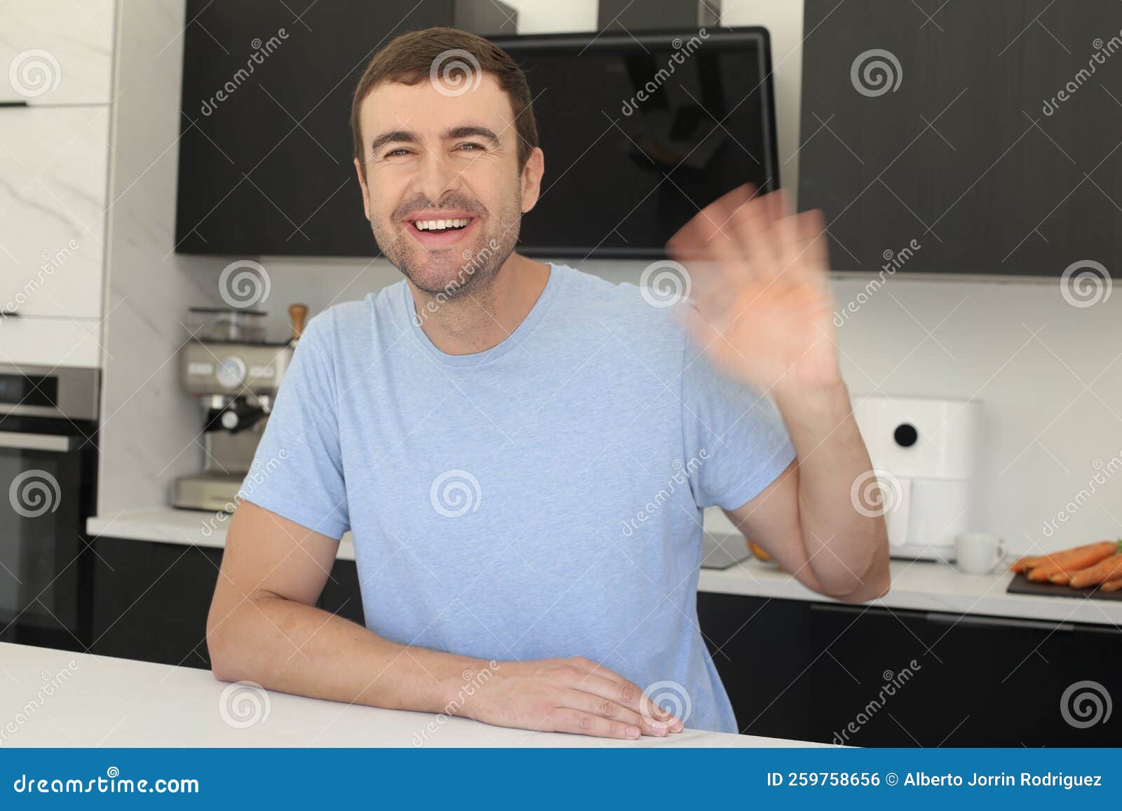 Man Waving His Hand in the Kitchen Stock Photo - Image of glad ...