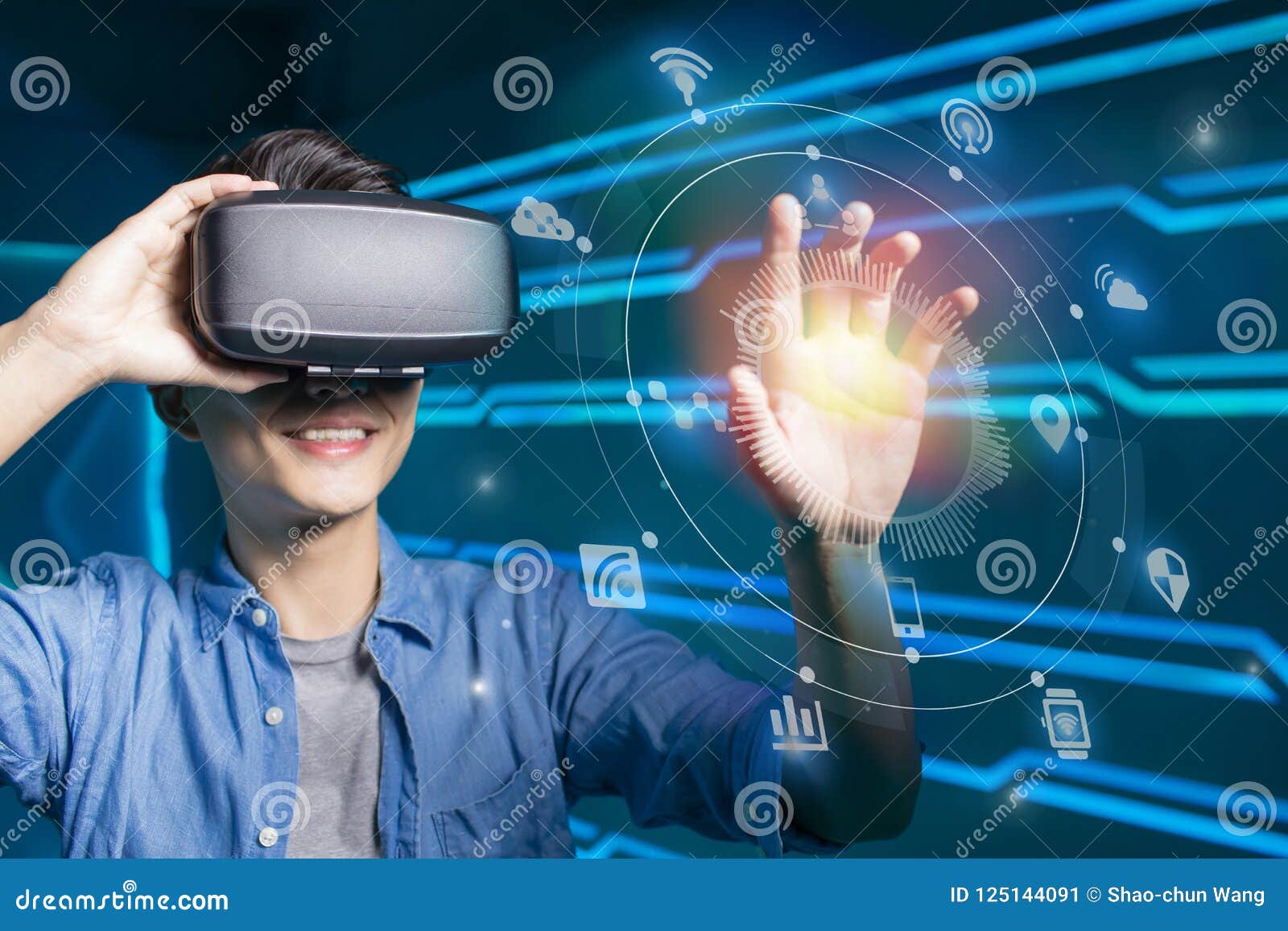 Man wear vr showing IoT stock image. Image of icon, equipment - 125144091