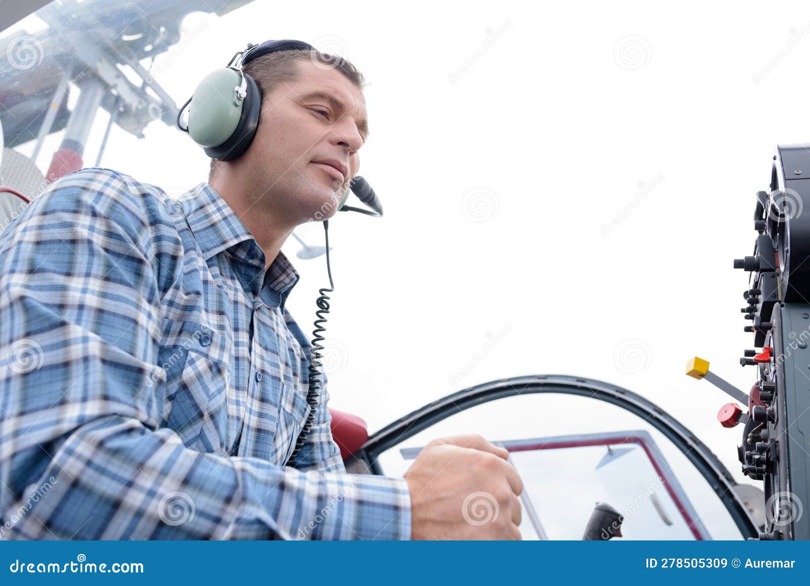 Man Wearing Aviation Headset by Control Panel Stock Image - Image of ...
