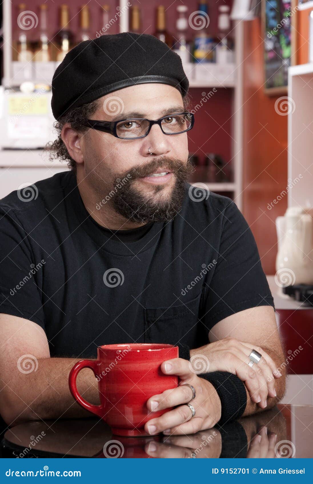 Man Wearing Beret in Coffee House Stock Image - Image of cafe ...