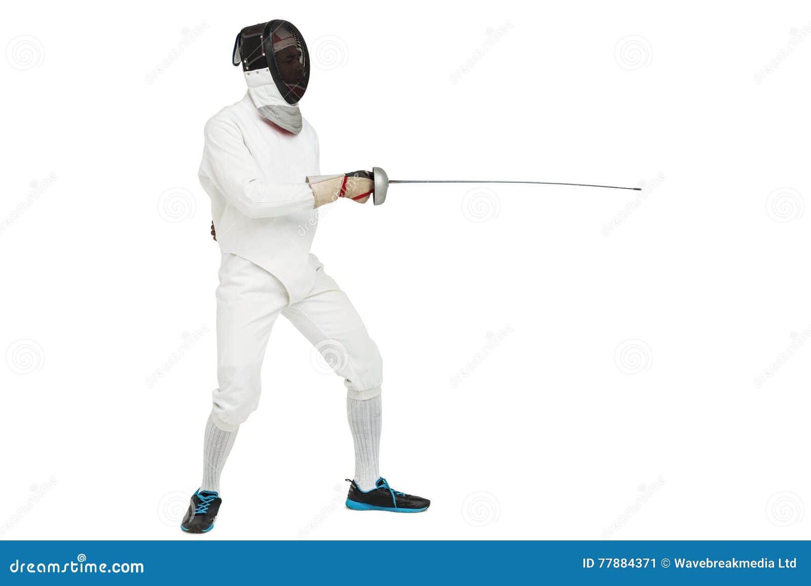 The Two Men Wearing Fencing Suit Practicing With Sword Against Gray ...