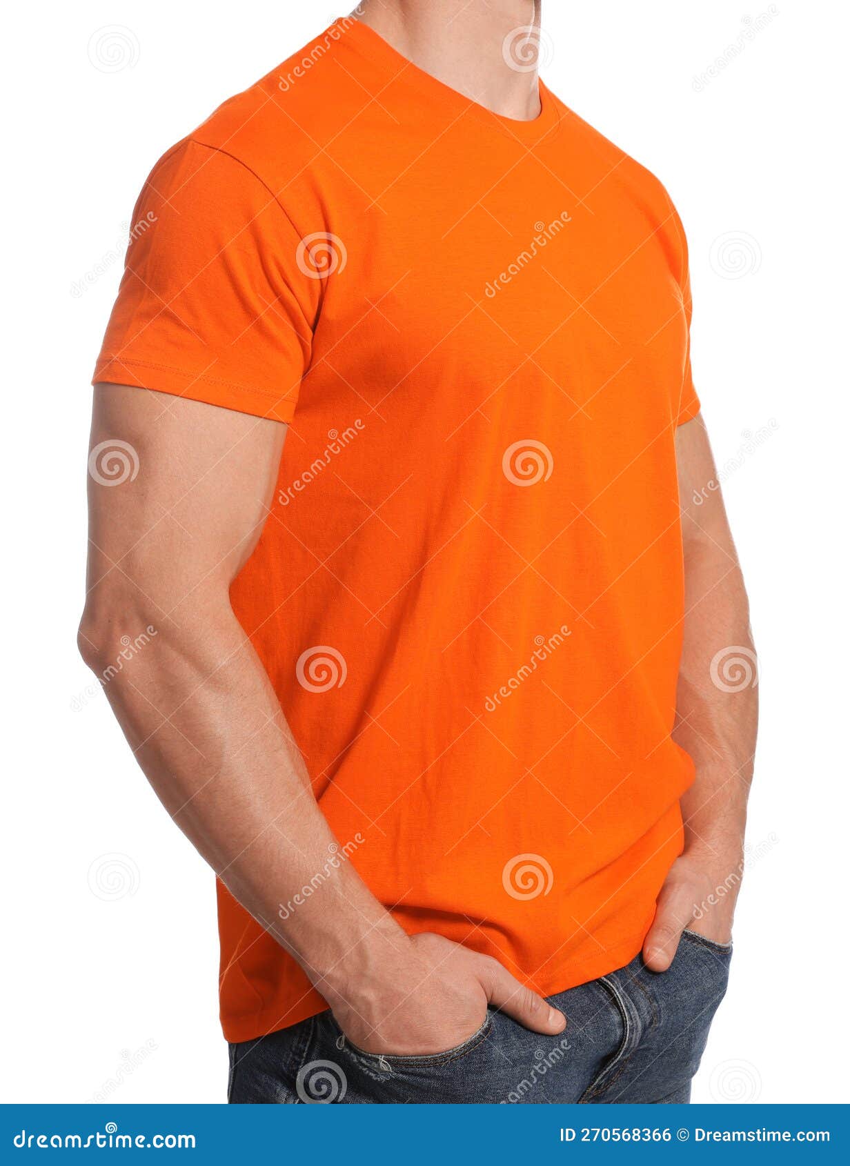 Man Wearing Orange T Shirt On White Background Closeup Mockup For