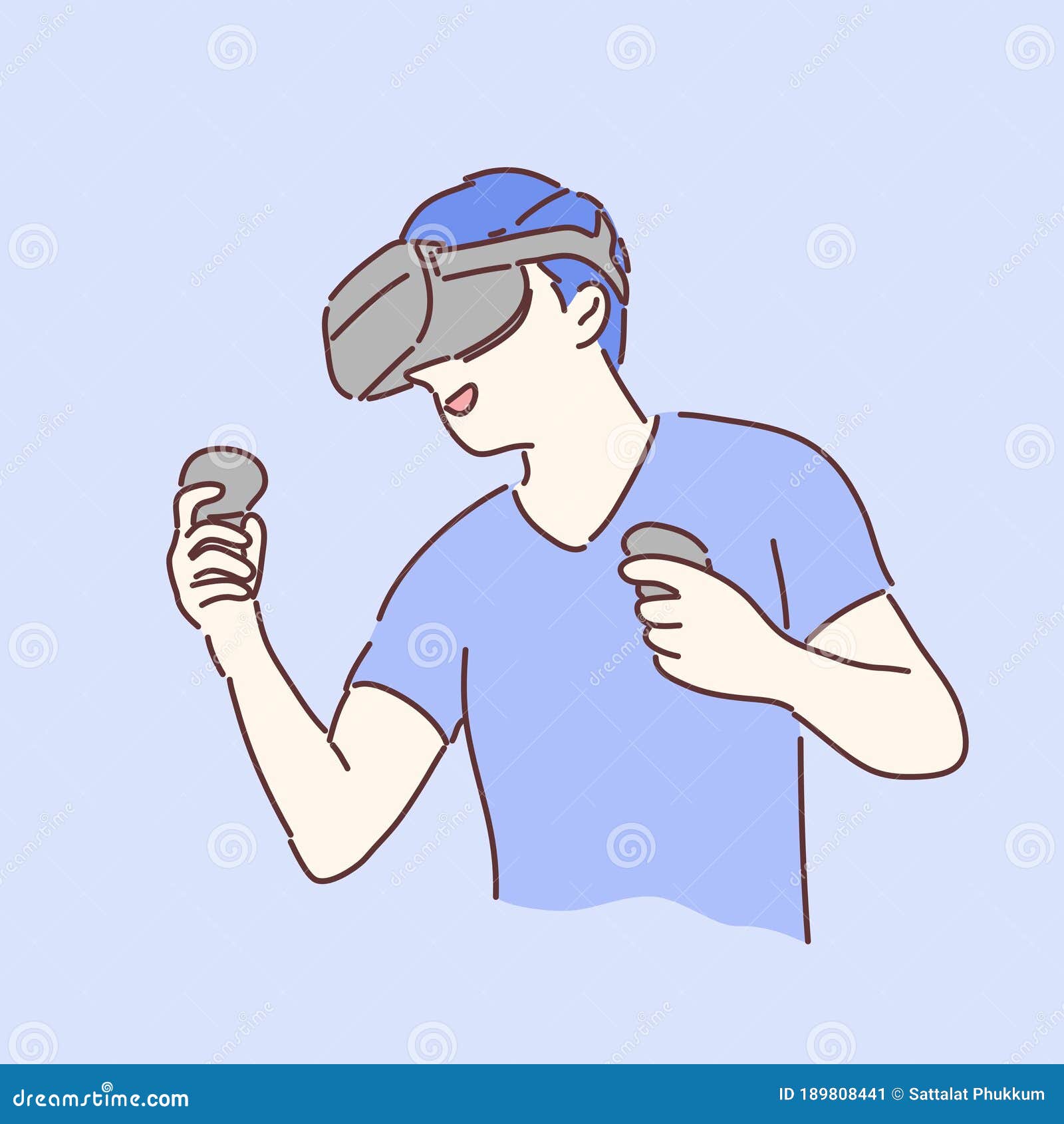Man Wearing and Playing with VR Gear. Hand Drawing Character Style ...