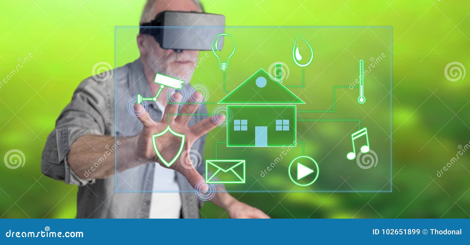 Man Wearing a Reality Virtual Headset Touching a Digital Smart Home ... Man Wearing a Reality Virtual Headset Touching a Digital Smart Home ...