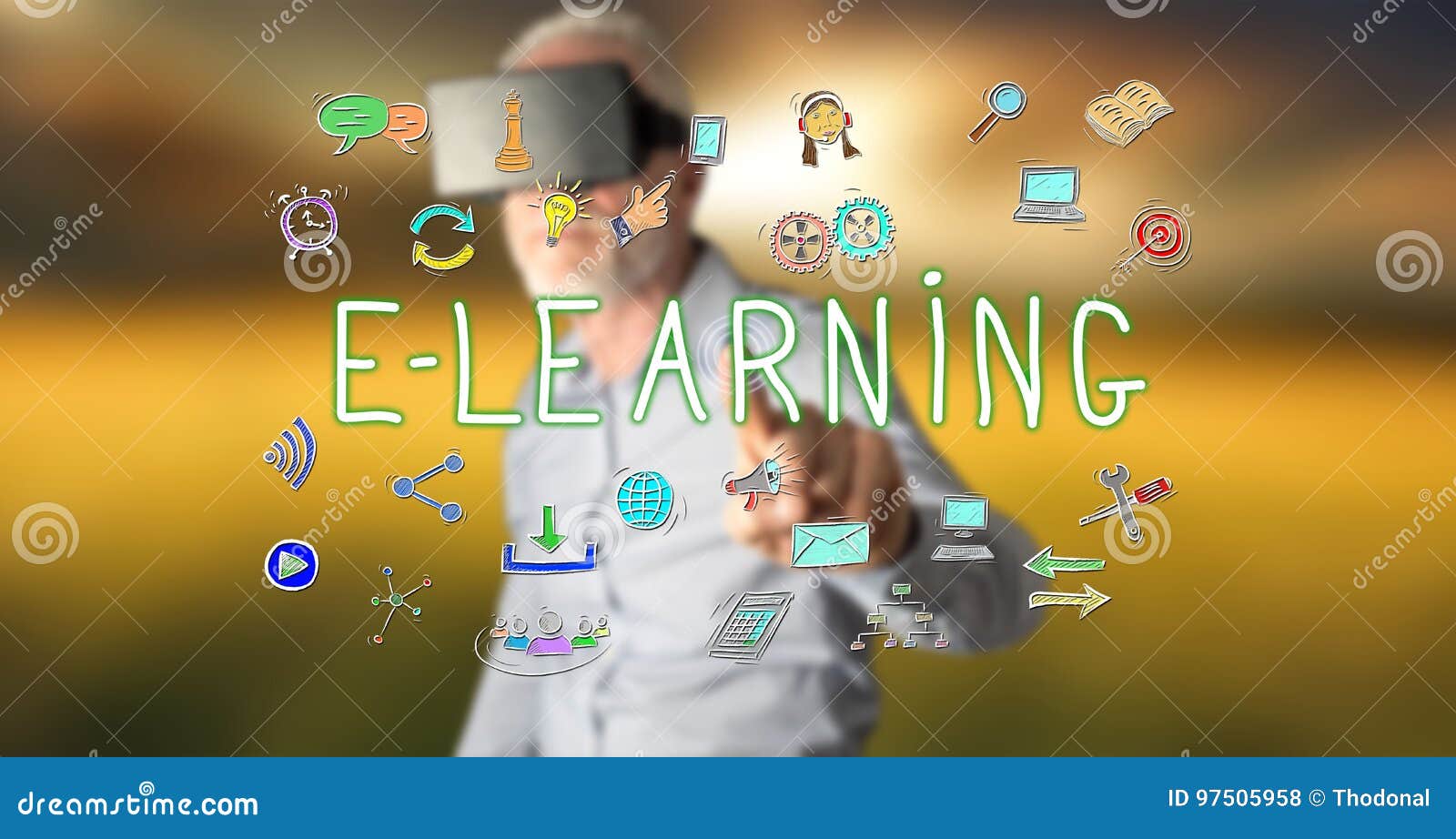 Man Wearing a Reality Virtual Headset Touching an E-learning Concept on ...