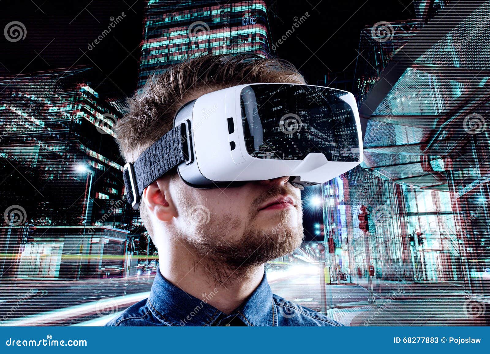 Man Wearing Virtual Reality Goggles Against Night City Stock Image ...