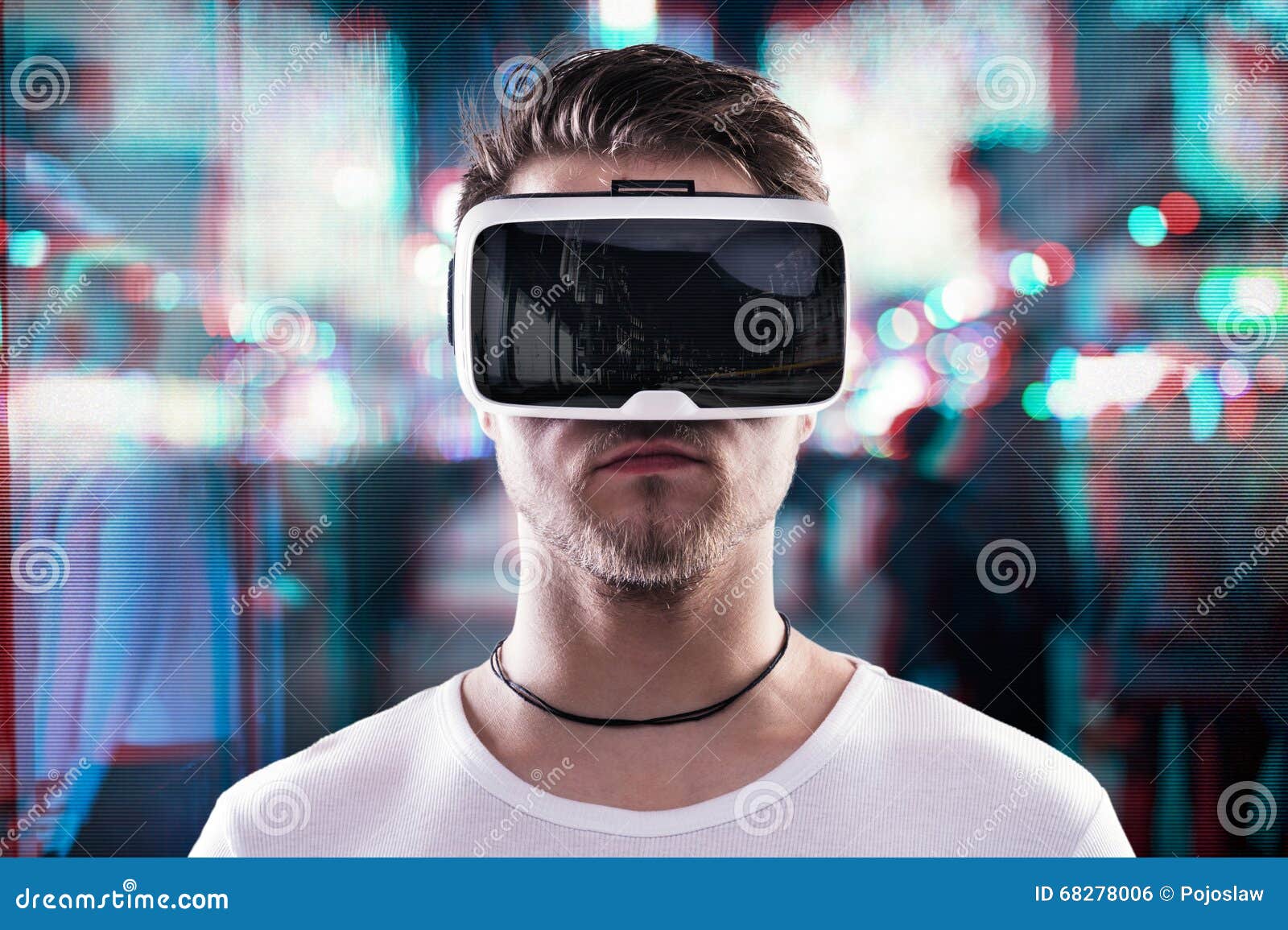 Man Wearing Virtual Reality Goggles Against Night City Stock Photo ...