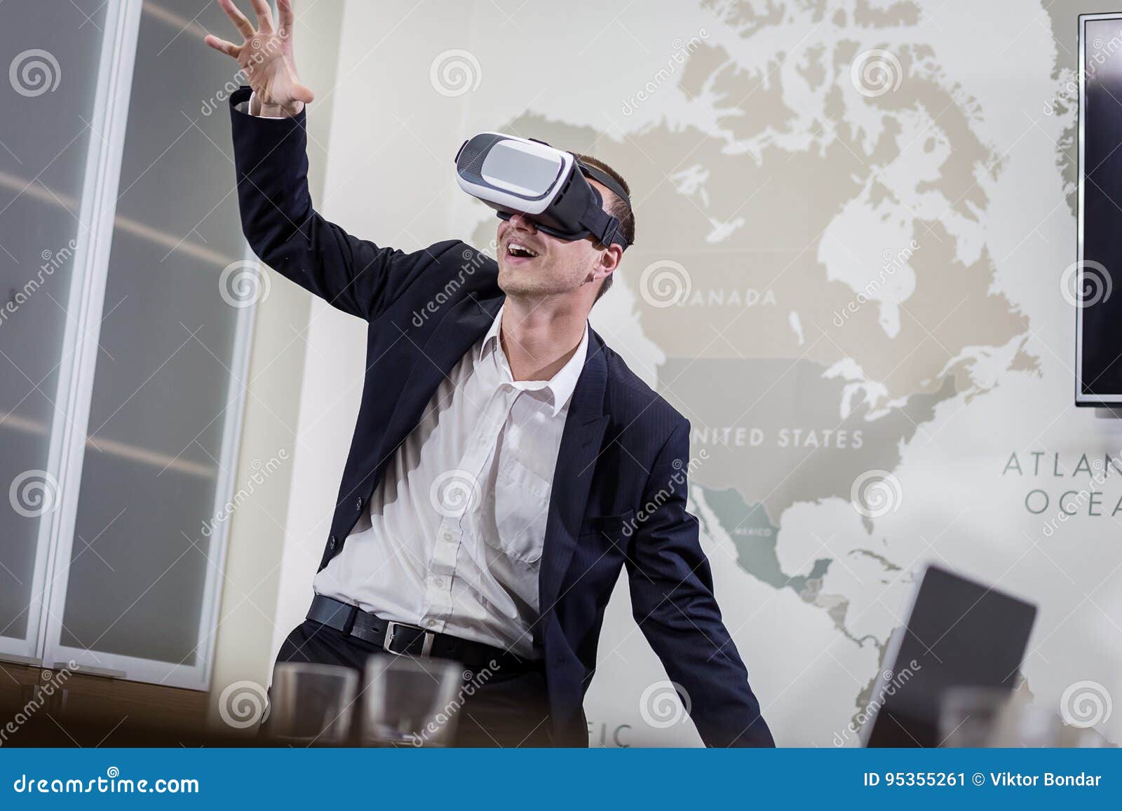 Man Wearing Virtual Reality Goggles,Businessman Making Gestures Stock ...