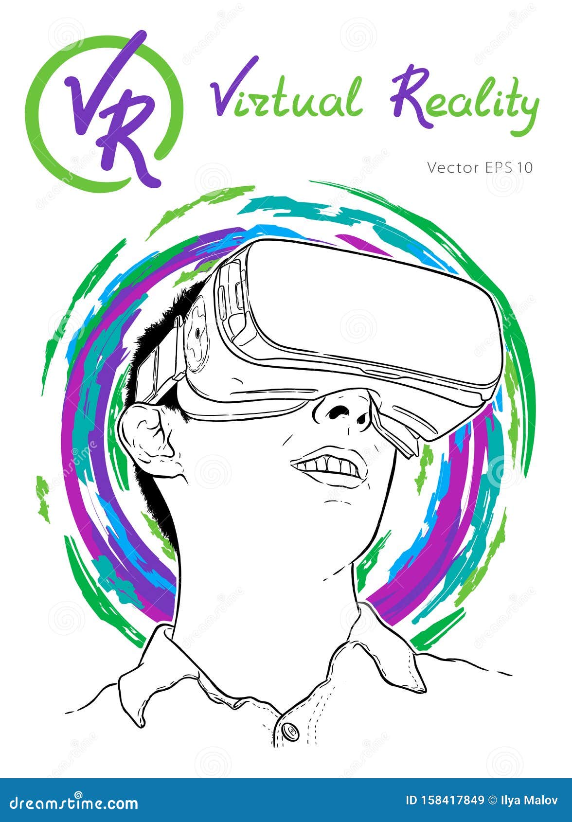 Man Wearing Virtual Reality Goggles. Hand Drawn Vector Illustration ...