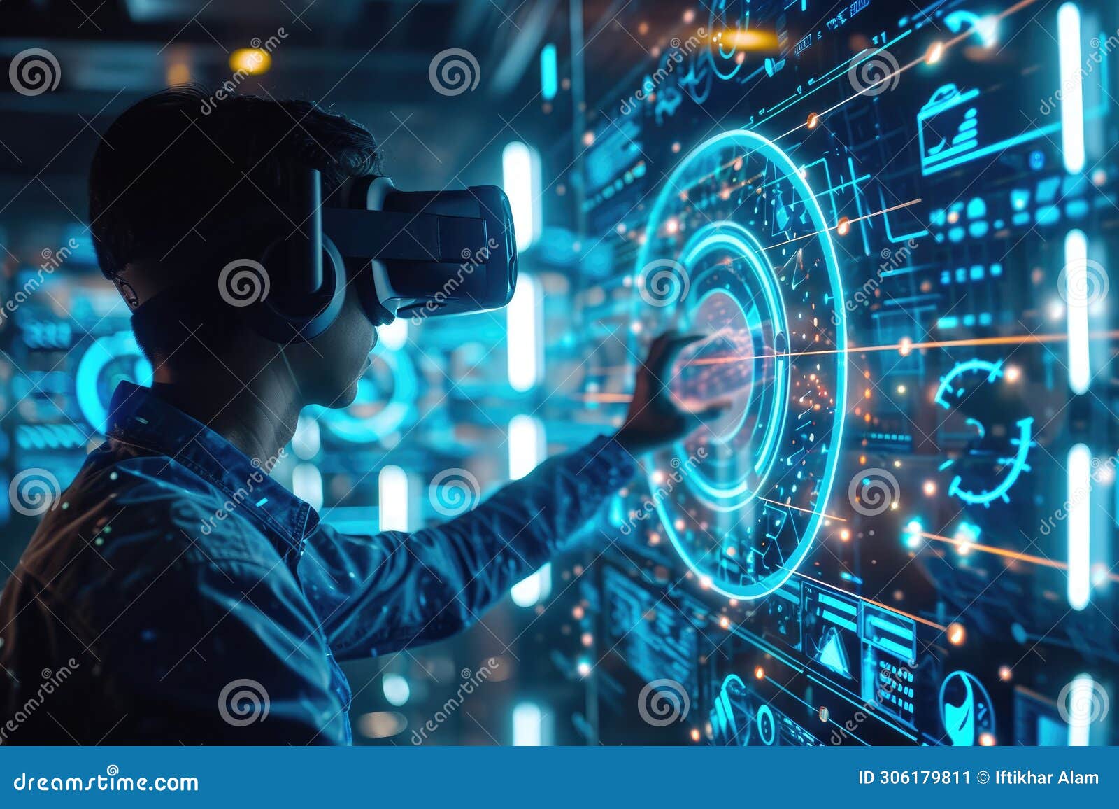 A Man Wearing a Virtual Reality Headset Engages in an Immersive ...