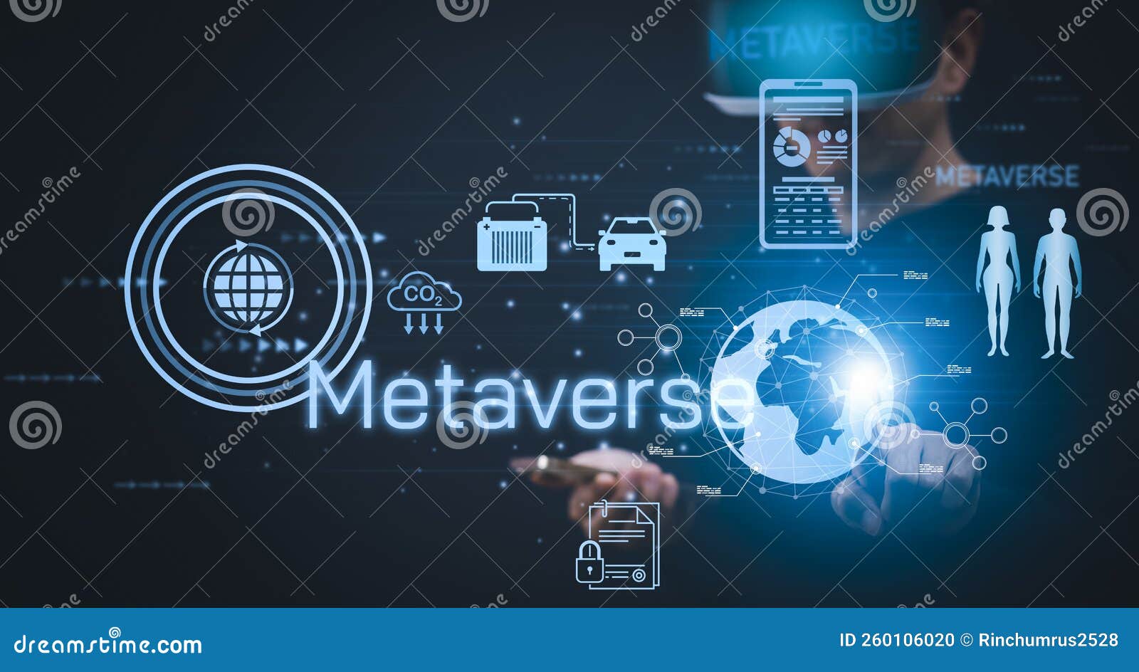 Man Wearing VR Glasses Touches the Virtual Globe with Innovation with ...