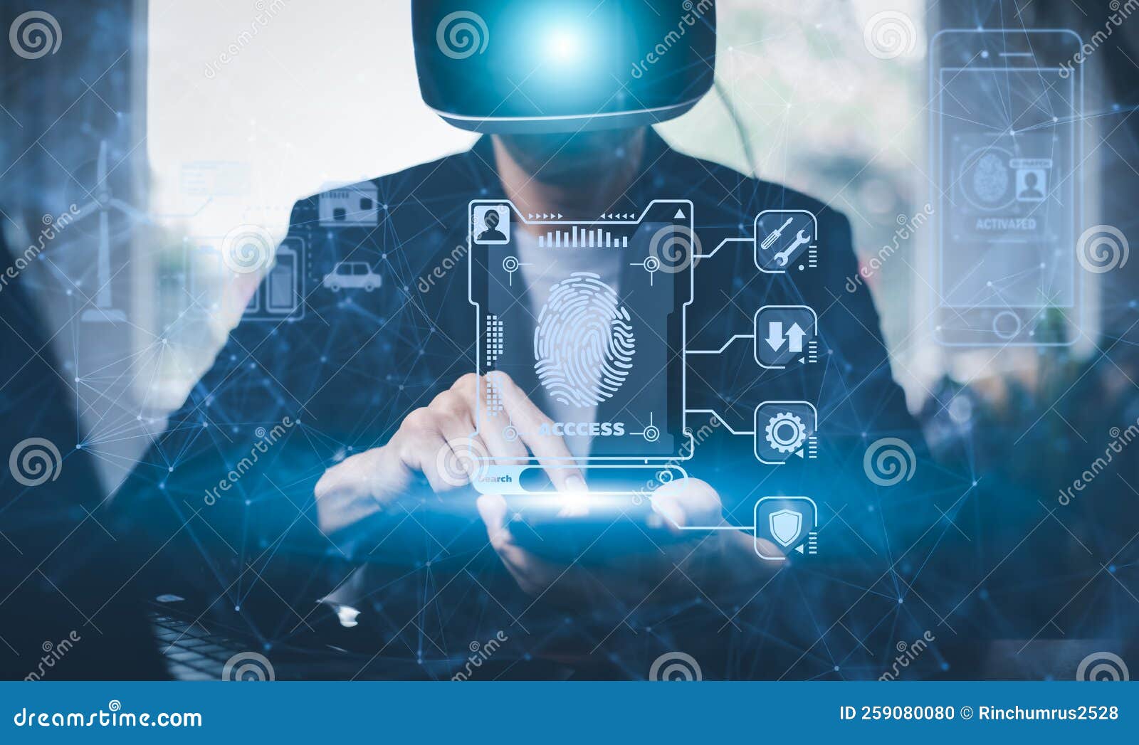 Man Wearing VR Glasses Touchgraph Scan the Protection System Cyber ...