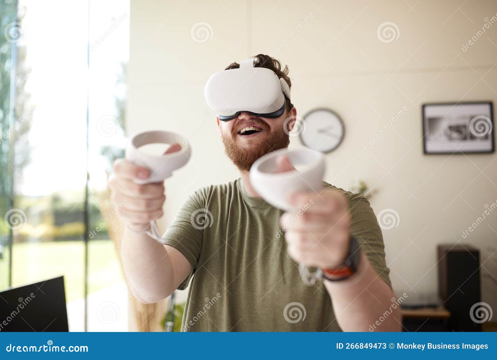 Man Wearing Vr Headset Holding Controllers Gaming At Home Stock Image Image Of Augmented